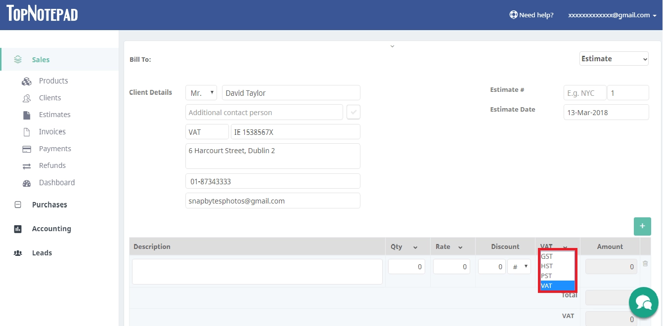 Steps to create an estimate or a quotation